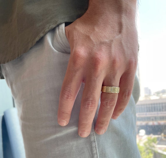 14K Solid Gold Pattern Ring Unique Mens Wedding Band - Etsy