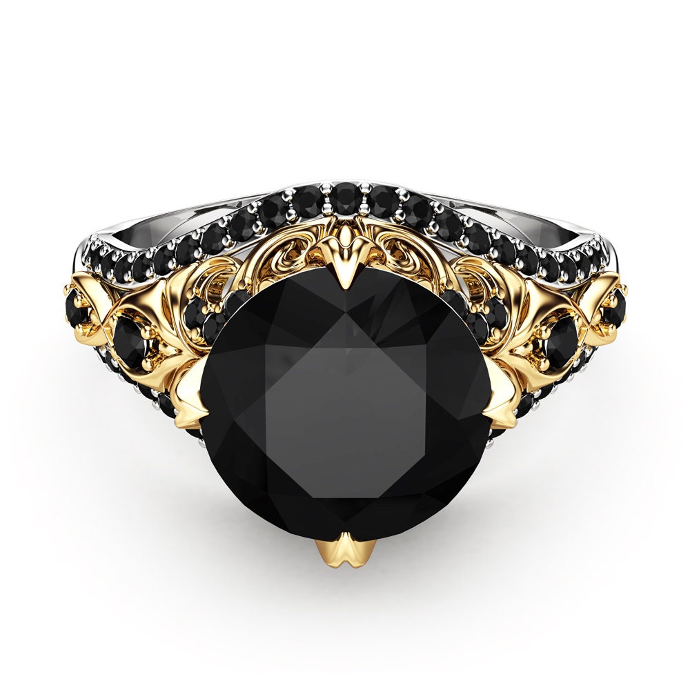 Unique Engagement Ring Black Diamond Ring 14K Two Tone Gold | Etsy