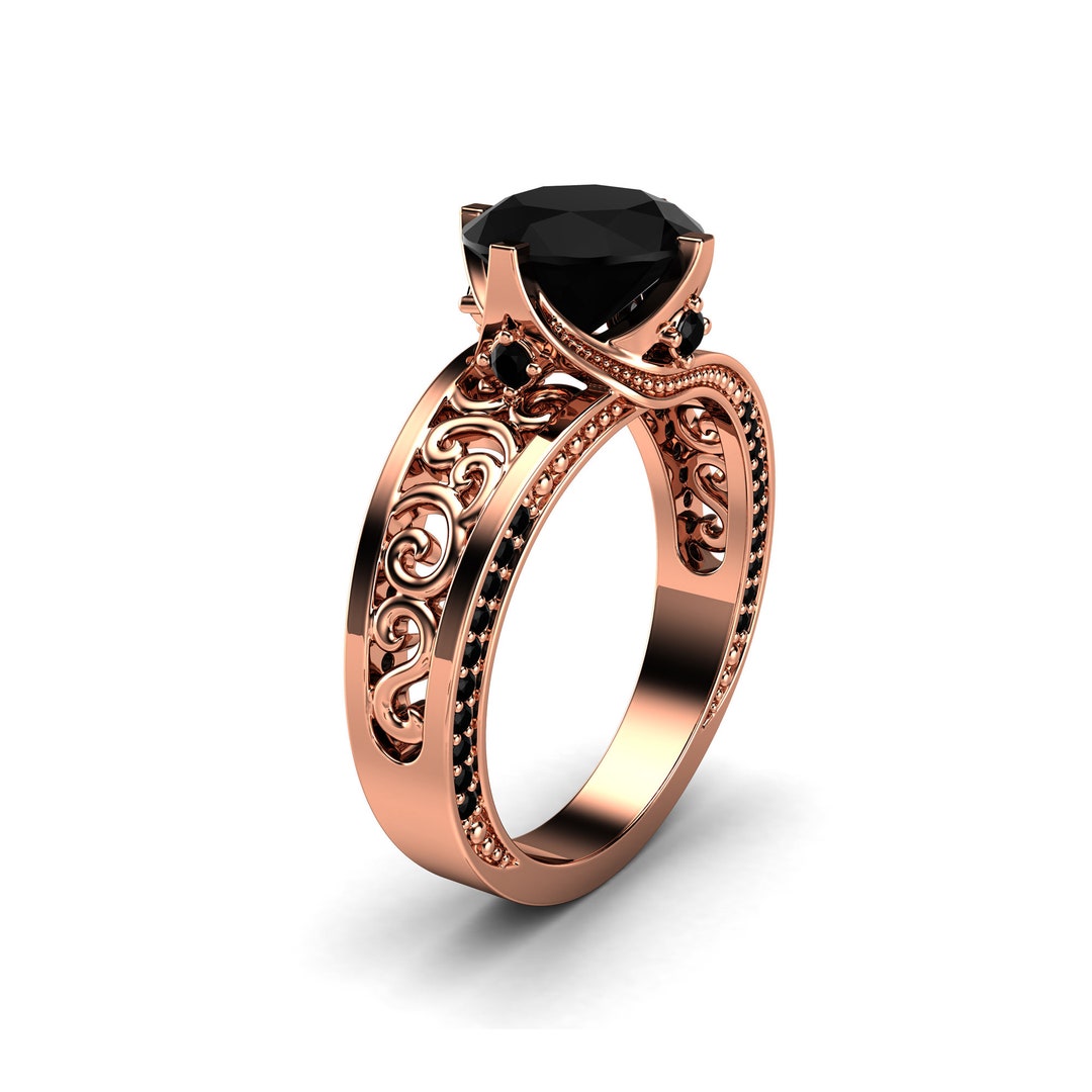 2 Carat Black Diamond Rose Gold Engagement Ring / Filigree Victorian ...