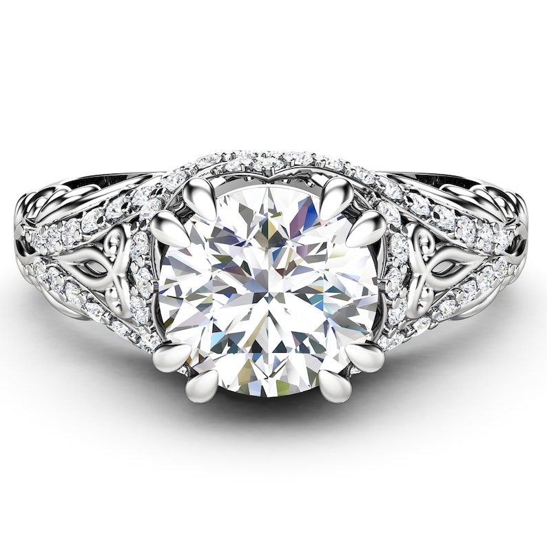 Lab Diamond Engagement Ring: 14K White Gold Art Nouveau Style - Etsy