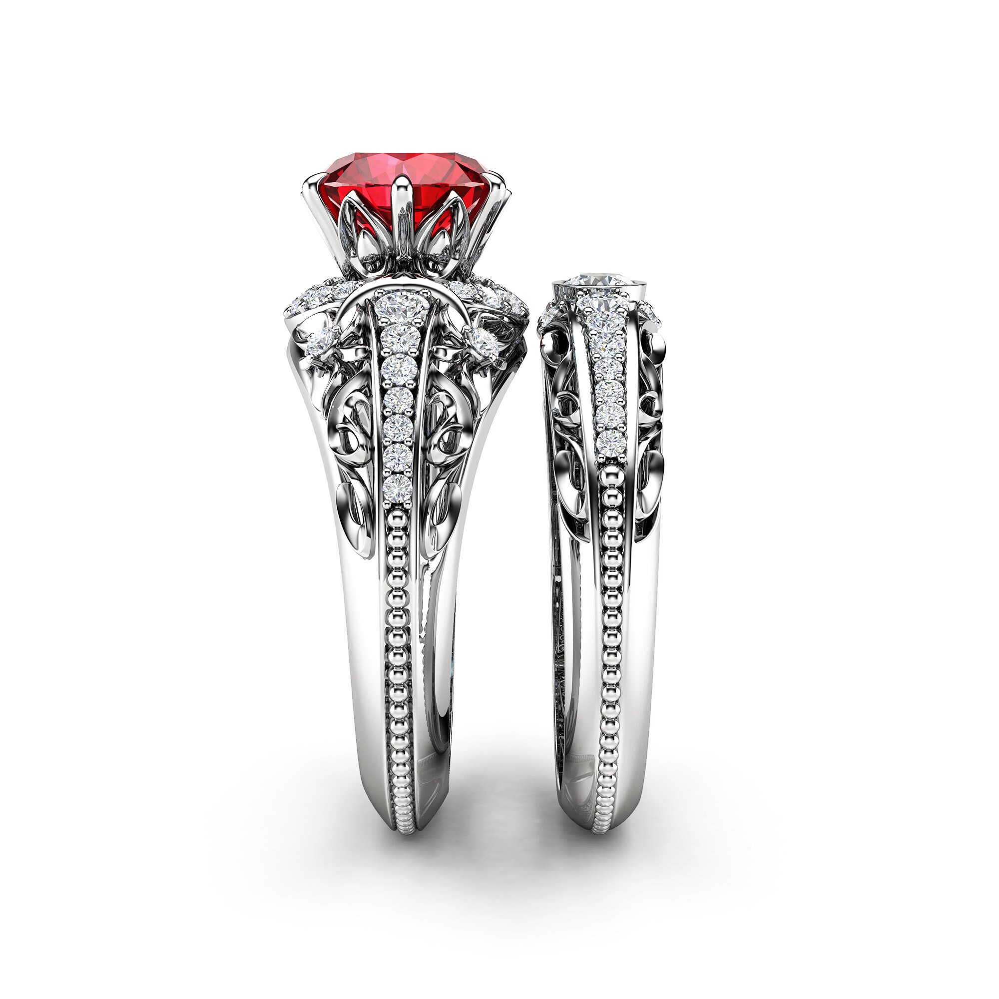 Ruby Engagement Ring Set 14K White Gold Diamonds Rings Ruby | Etsy