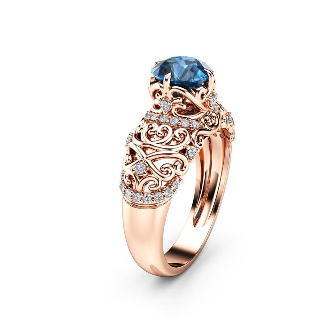 Blue Diamond Vintage Engagement Ring 14K Rose Gold Vintage Ring Blue ...