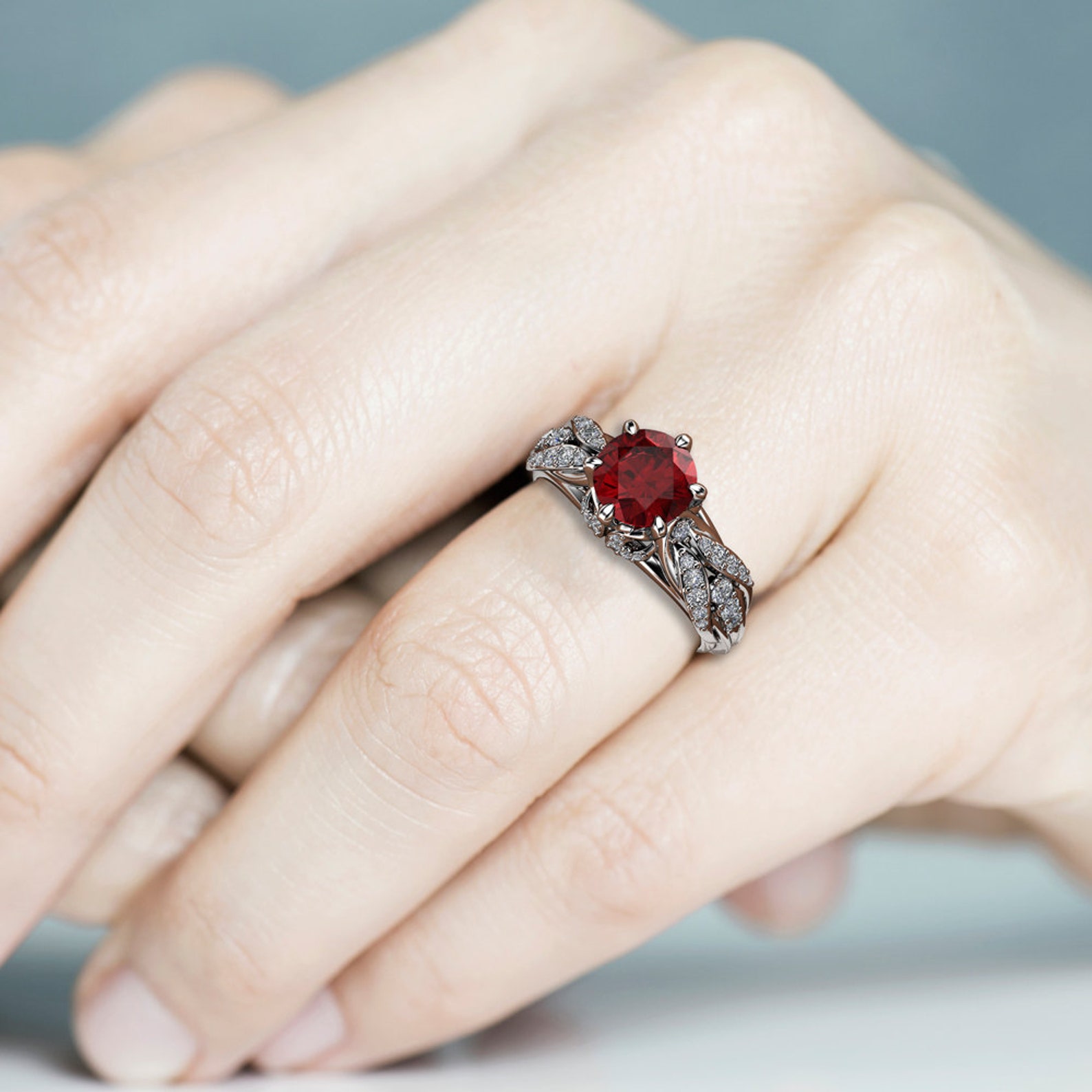 Ruby Engagement Ring 14K White Gold Ring Art Deco Engagement | Etsy