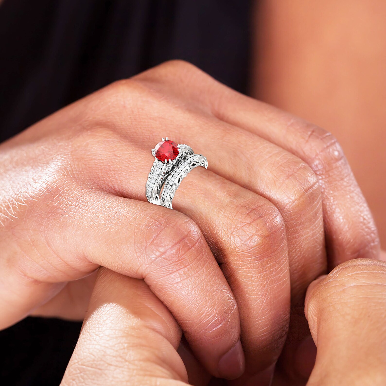 Natural Ruby Engagement Ring and Wedding Band 14K White Gold. - Etsy