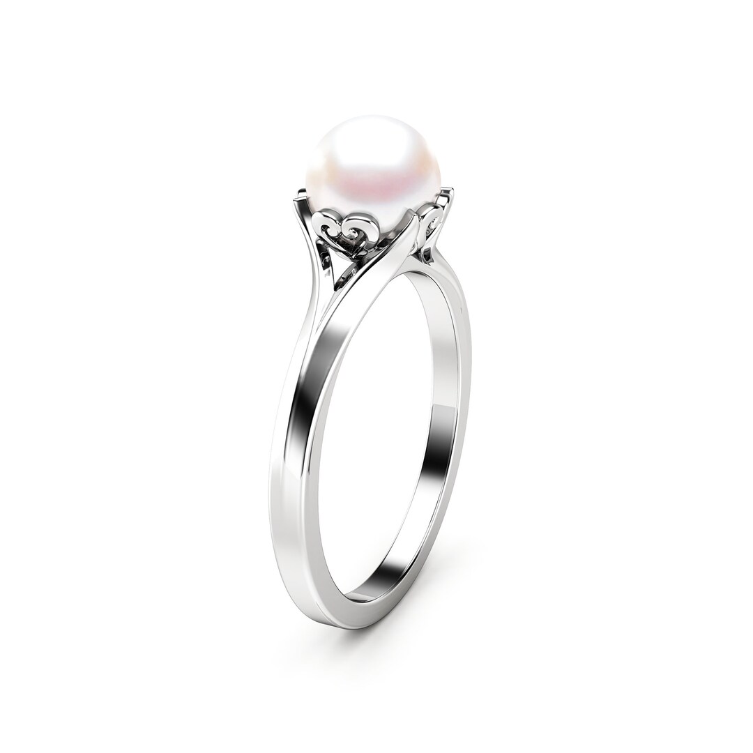 Pearl Promise Ring White Gold Solitaire Engagement Ring Unique Gift for ...