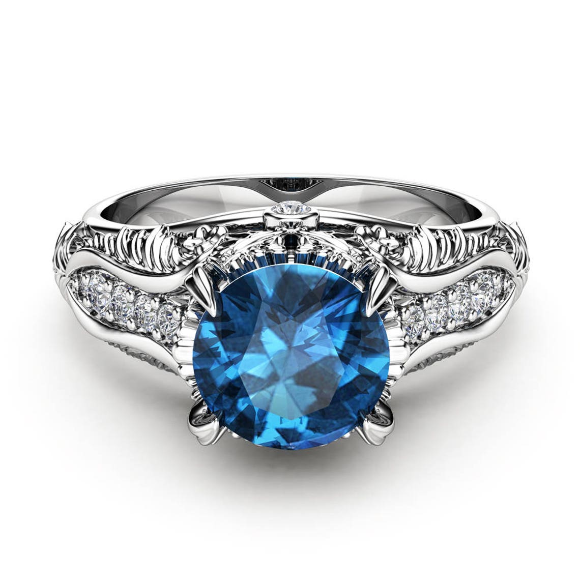 Unique Blue Diamond Engagement Ring Unique Art Deco Engagement | Etsy