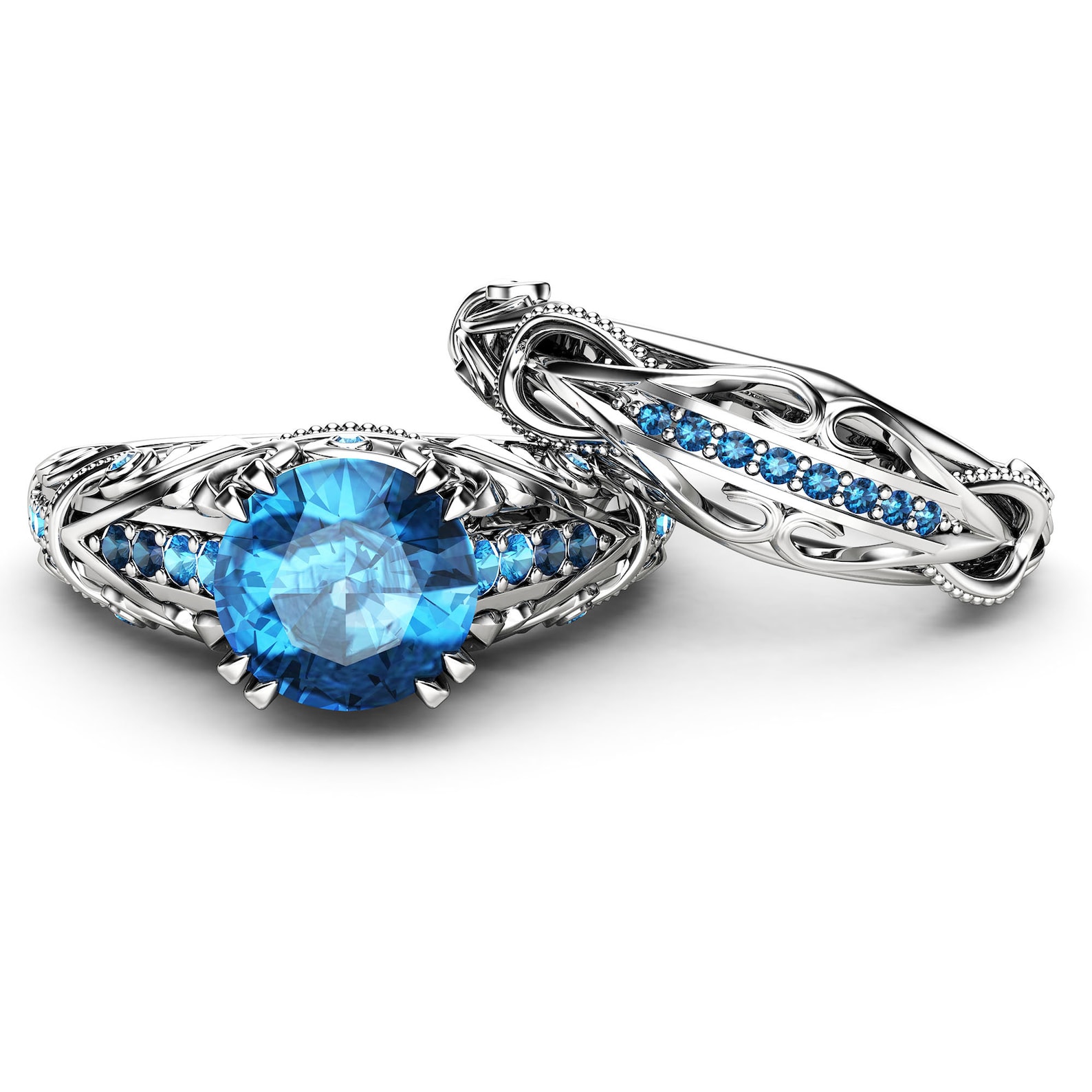 Unique Blue Diamond Engagement Ring Set White Gold Ring - Etsy