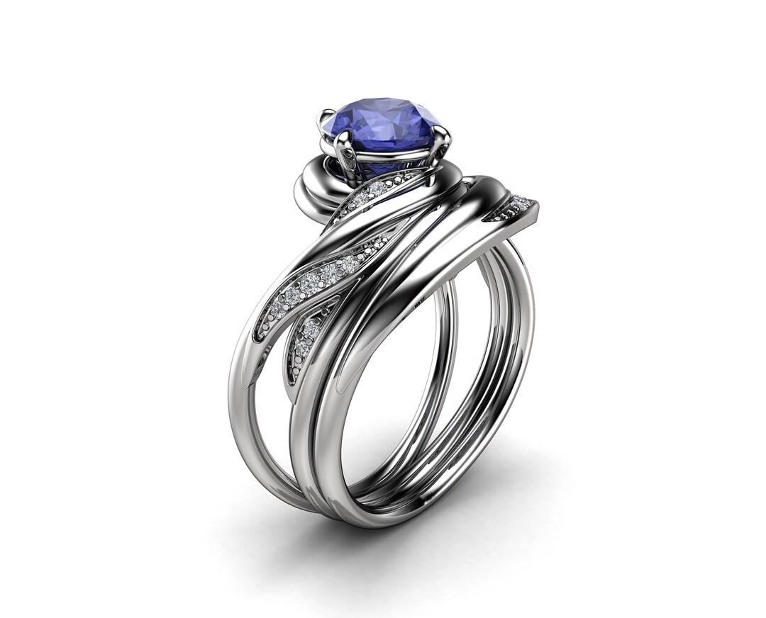 Unique Design Tanzanite Wedding Ring Set in 14K White Gold Tanzanite ...