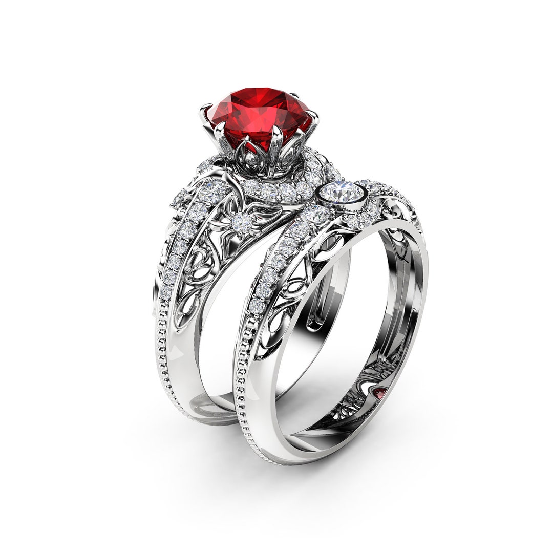 Ruby Engagement Ring Set 14K White Gold Diamonds Rings Ruby Ring and ...