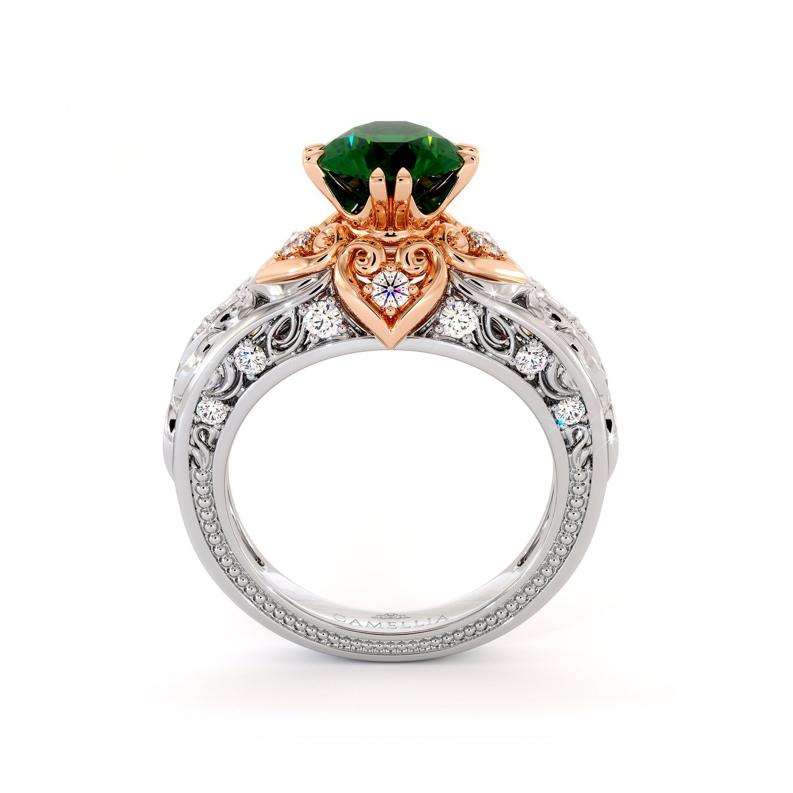 Regal Vintage Emerald Engagement Ring Unique Two Tone Gold - Etsy