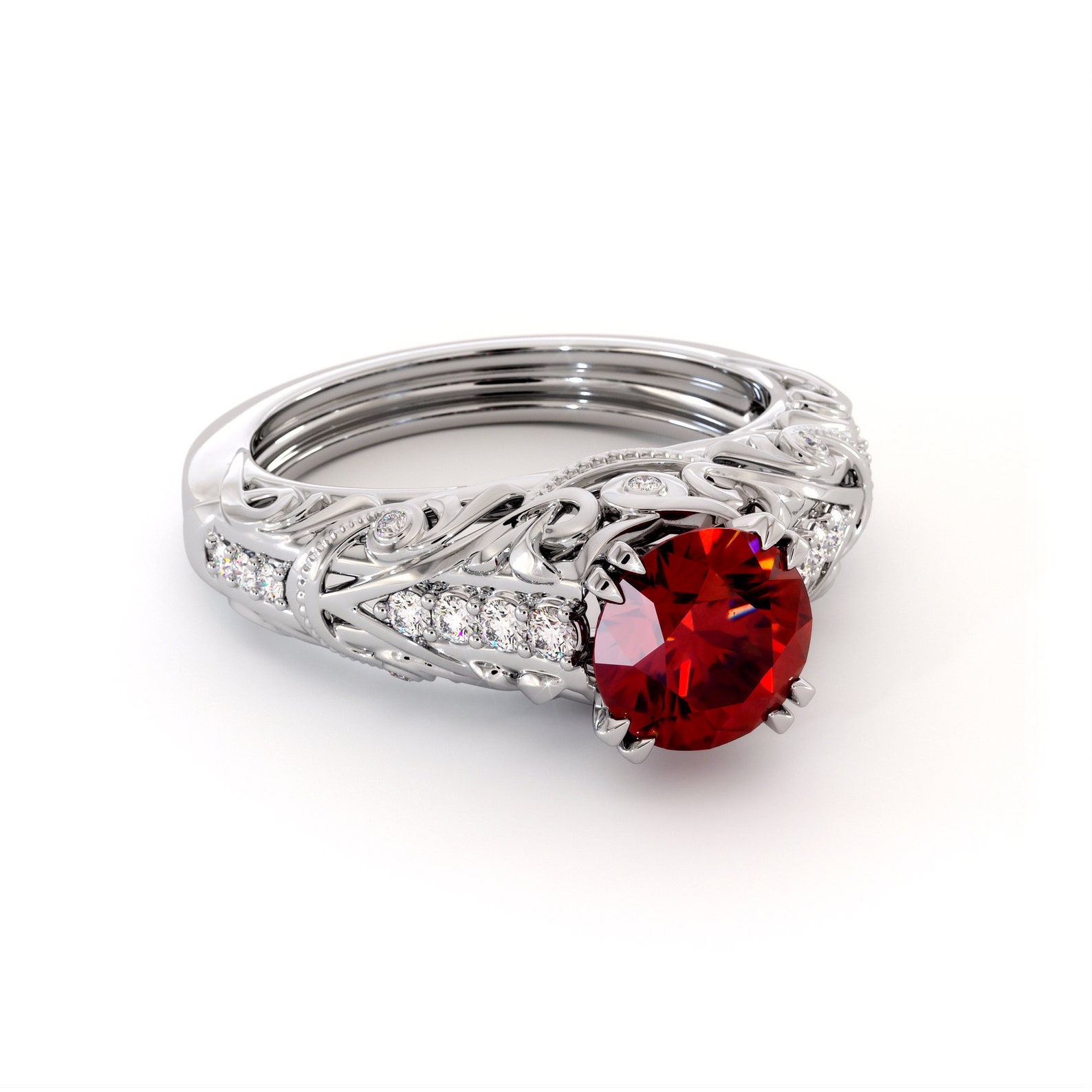 Unique Ruby Engagement Ring 14K White Gold Ring Ruby Diamonds - Etsy
