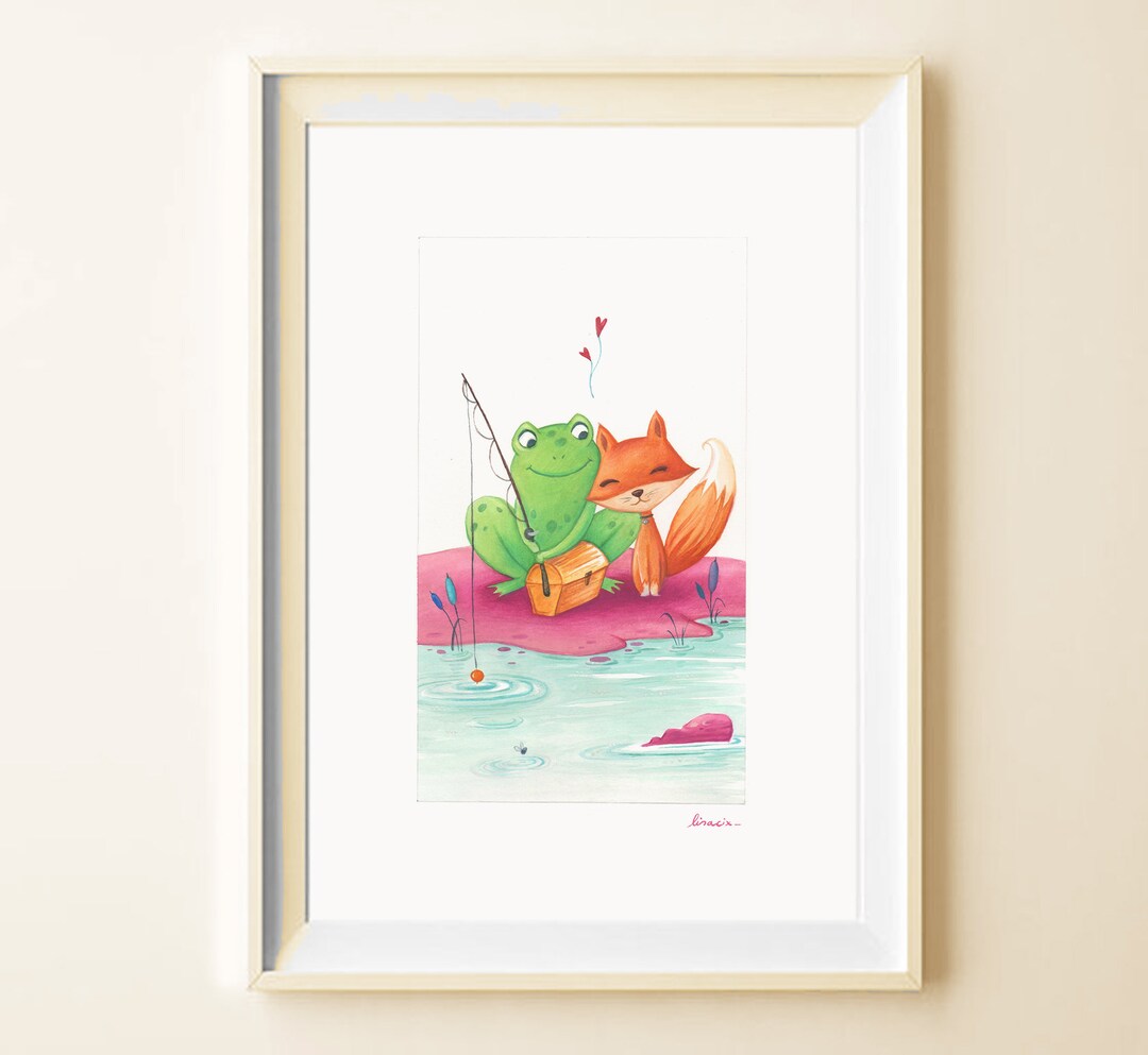 Friends in Fishing Print, Fox and Frog, Love Print, Valentine's Day - Etsy