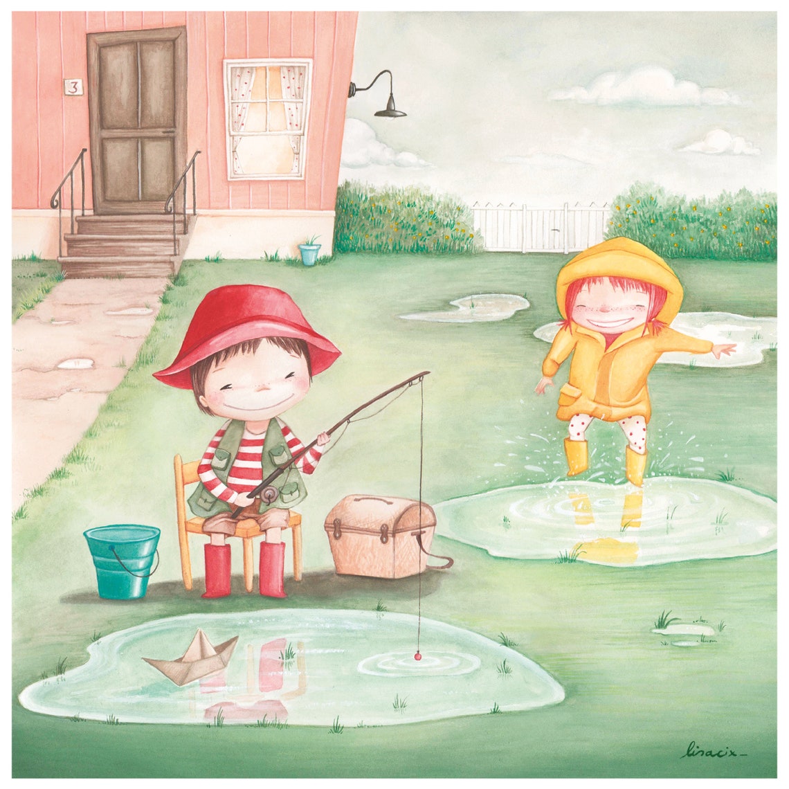 Baby Fisher Poster Children Playing in Puddles Illustration - Etsy