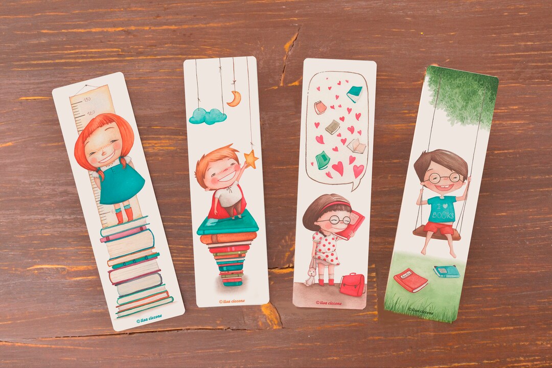 Set of 4 Illustrated Bookmarks, Books, Stars, Cloud, Moon, Hearts ...