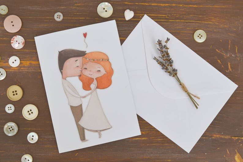 Wedding Card With Romantic Drawing, Cute Bridal Couple - Etsy