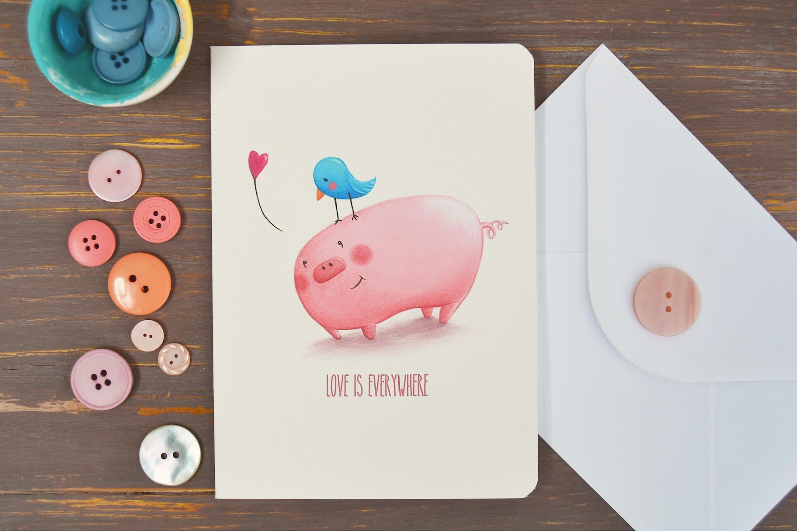 Romantic Greeting Card, Pig and Bird - Etsy
