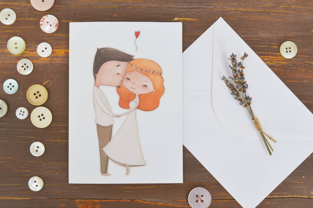 Wedding Card With Romantic Drawing, Cute Bridal Couple - Etsy