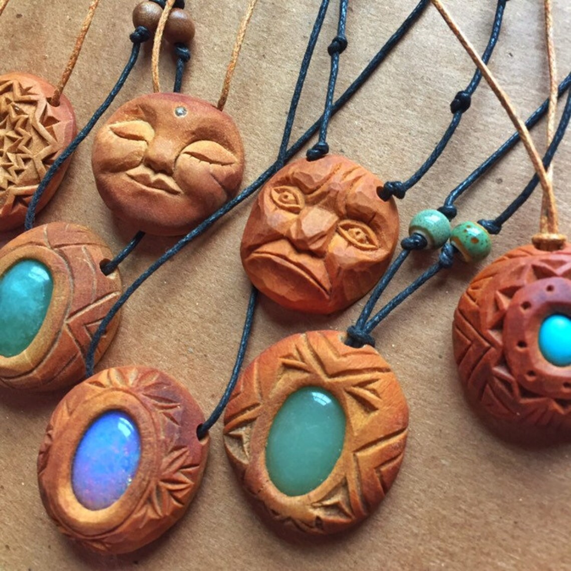 Hand Carved Avocado Stone Necklace Angry Face Grumpy Man | Etsy