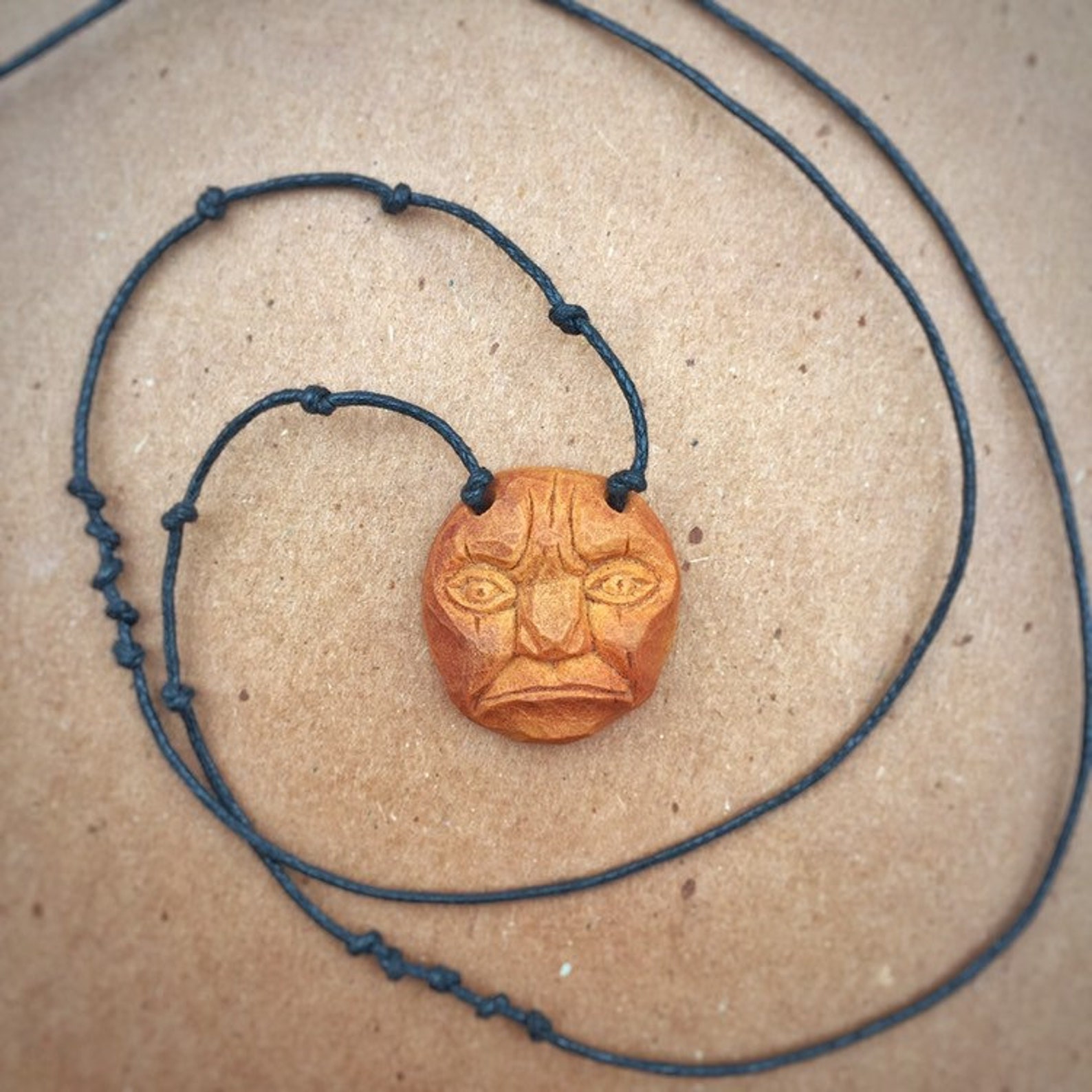 Hand Carved Avocado Stone Necklace Angry Face Grumpy Man | Etsy