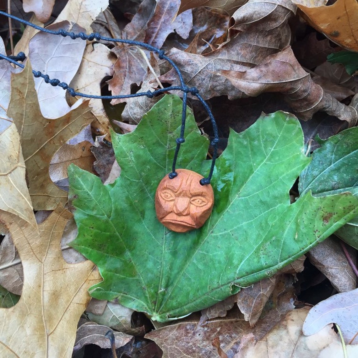 Hand Carved Avocado Stone Necklace Angry Face Grumpy Man | Etsy