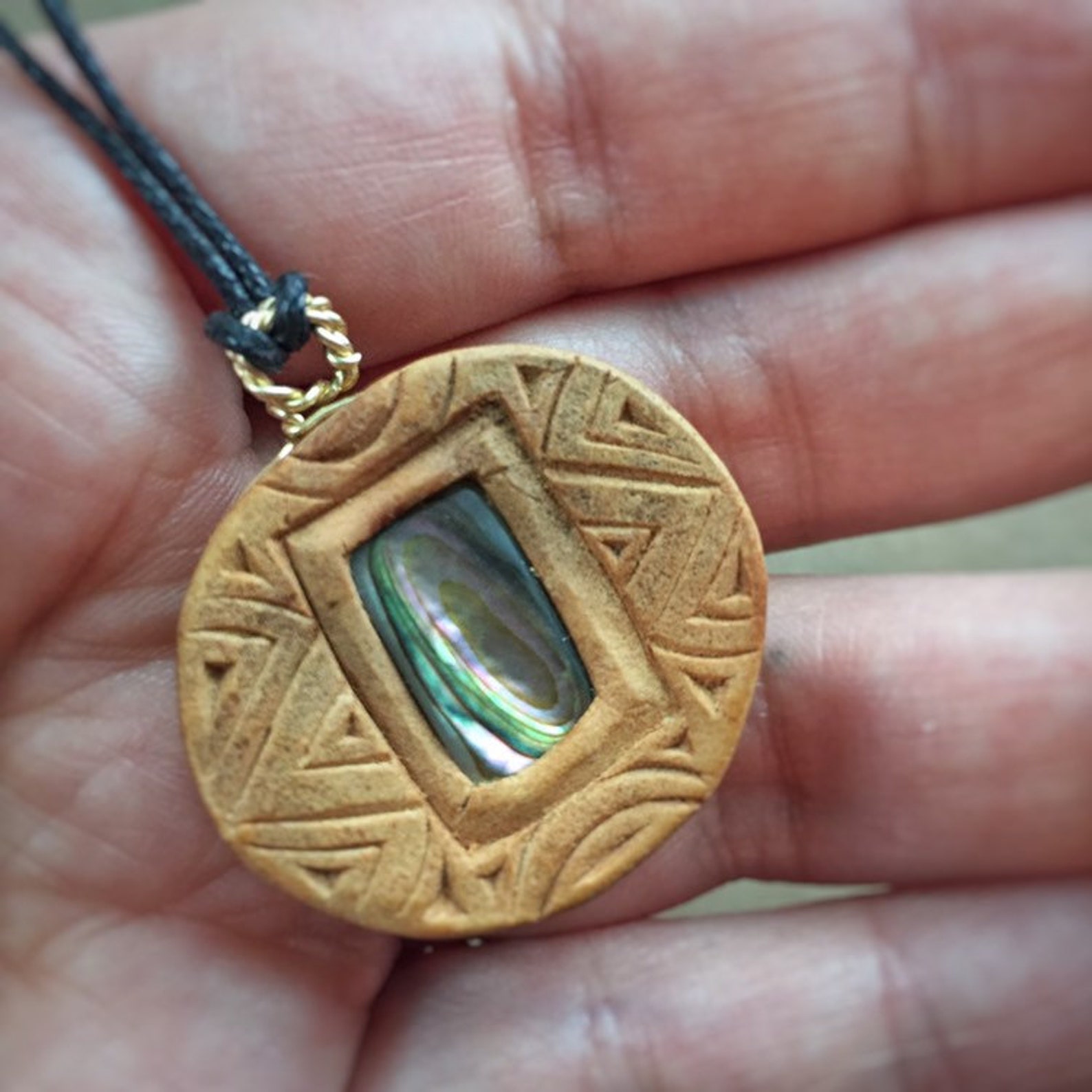 Carved avocado stone pendant with abalone shell Necklace | Etsy