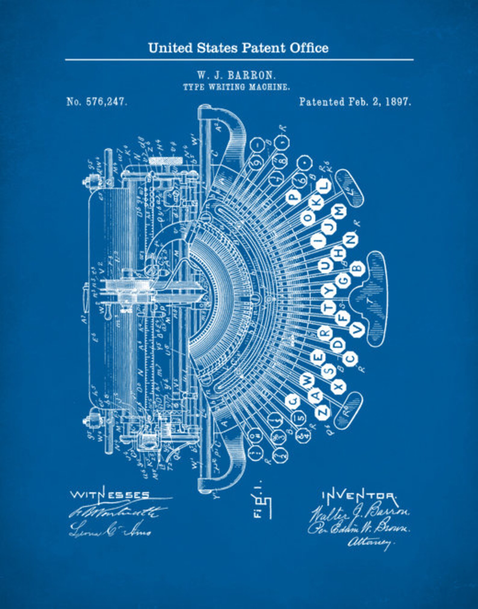Patent Print 1897 Typewriter Type Writer Typewriter Print | Etsy