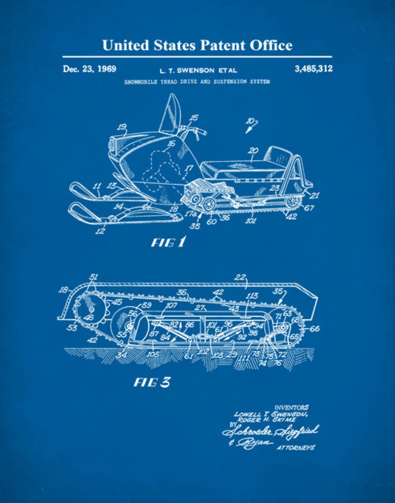 Patent Print Snowmobile Patent 1969 Wall Decor Ski Lodge | Etsy