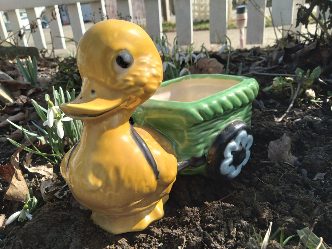 Large Yellow Duck With Green Cart Ceramic Planter - Etsy