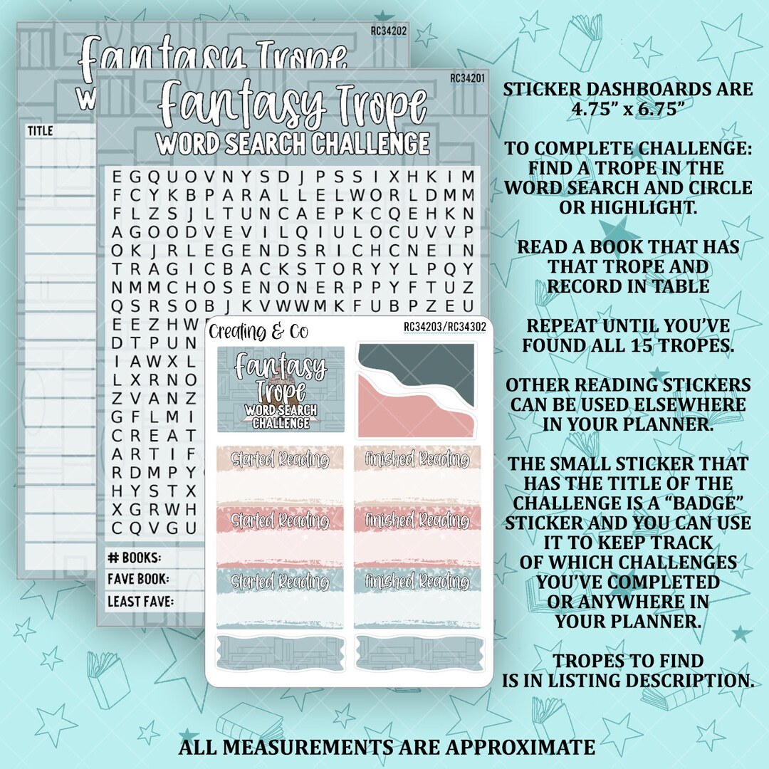 Fantasy Trope Word Search 5x7 Dashboard and Sticker Trackers - RC342 - Etsy