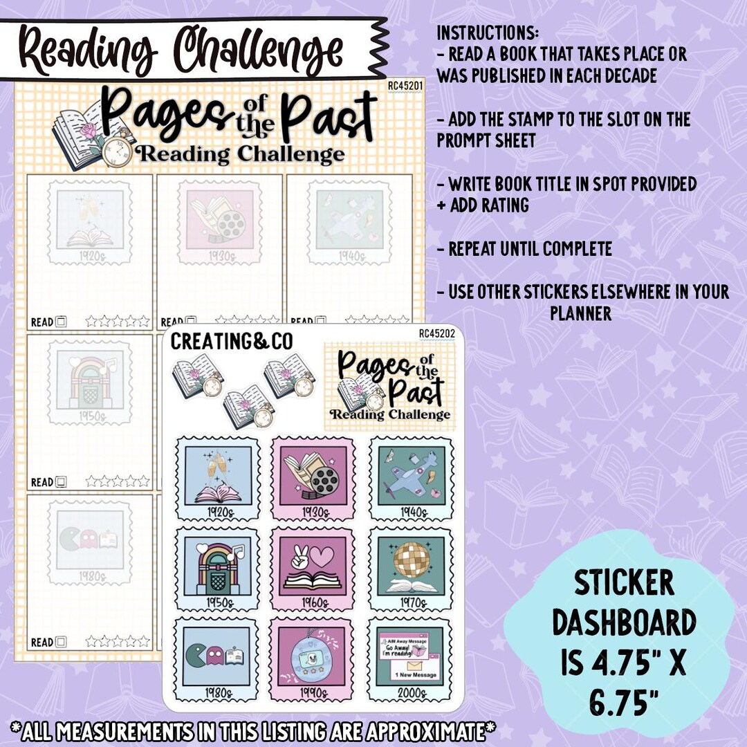 Pages of the Past Reading Challenge 5x7 Dashboard and Sticker Trackers ...