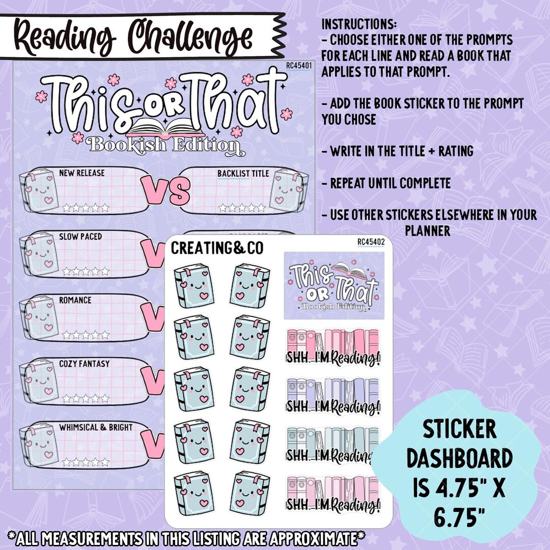 This or That Reading Challenge 5x7 Dashboard and Sticker Trackers ...