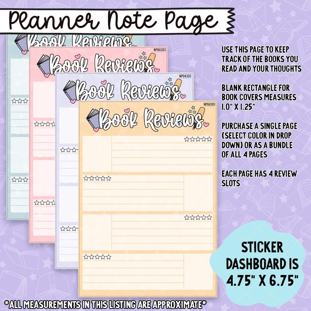Book Review Notes Page Sticker Dashboard Set - NP043 - Etsy
