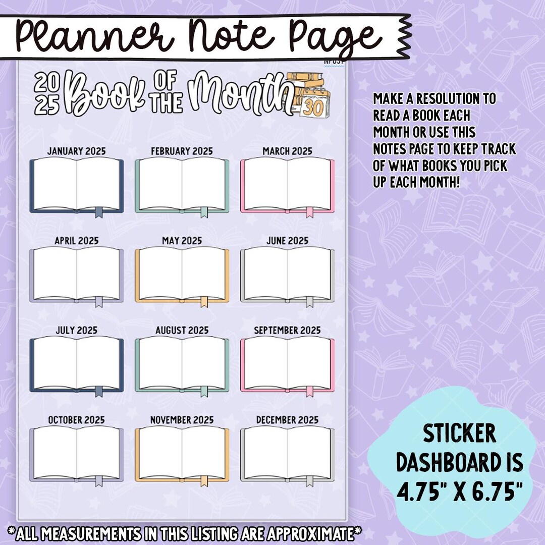 Book of the Month Notes Page Sticker Dashboard - NP037 - Etsy