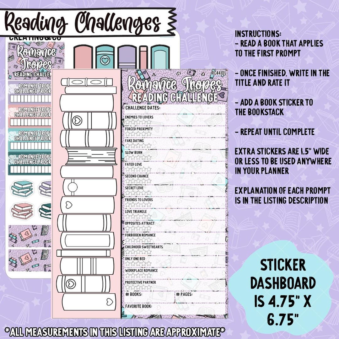 Romance Tropes Reading Challenge 5x7 Dashboard and Sticker Trackers ...