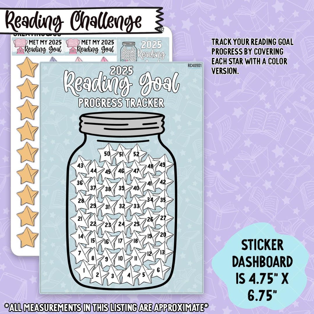 Yearly Reading Goal Jar Tracker 5x7 Dashboard and Sticker Tracker 52 ...