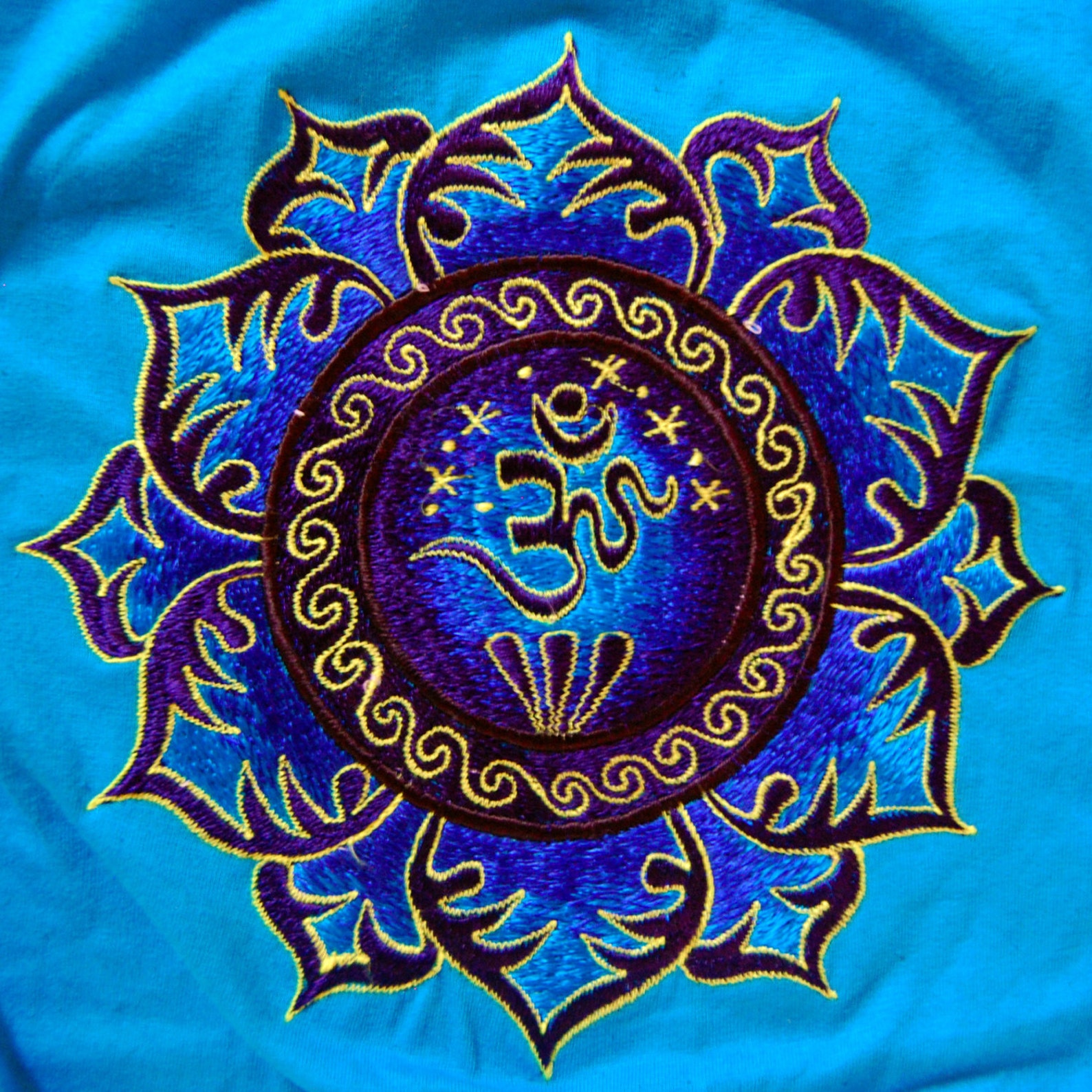 AUM Blue Mandala T-shirt Blacklight Handmade Embroidery No Print OM ...