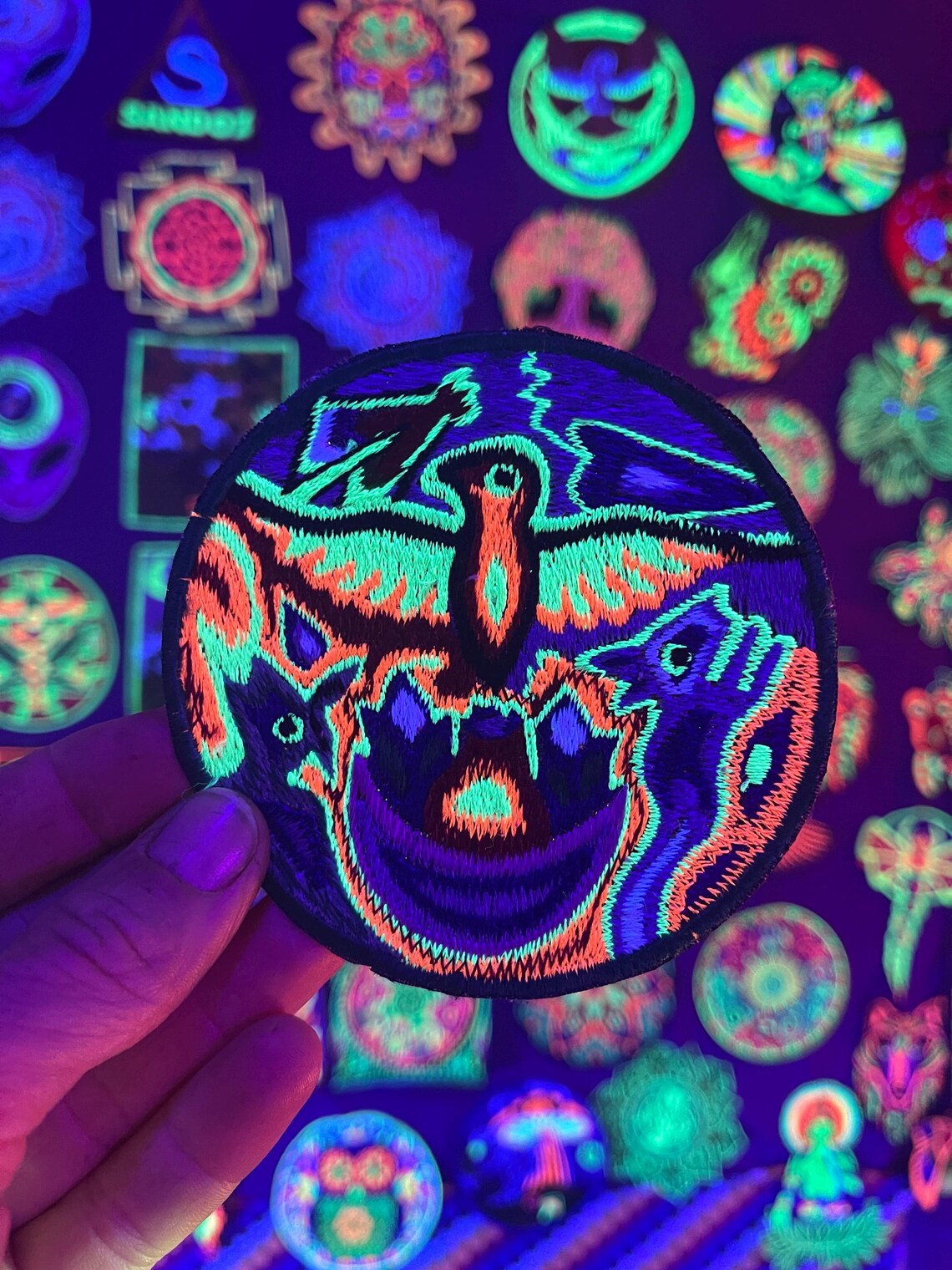 Huichol Inspired Peyote Bird Embroidery Patch – UV Reactive Psychedelic ...