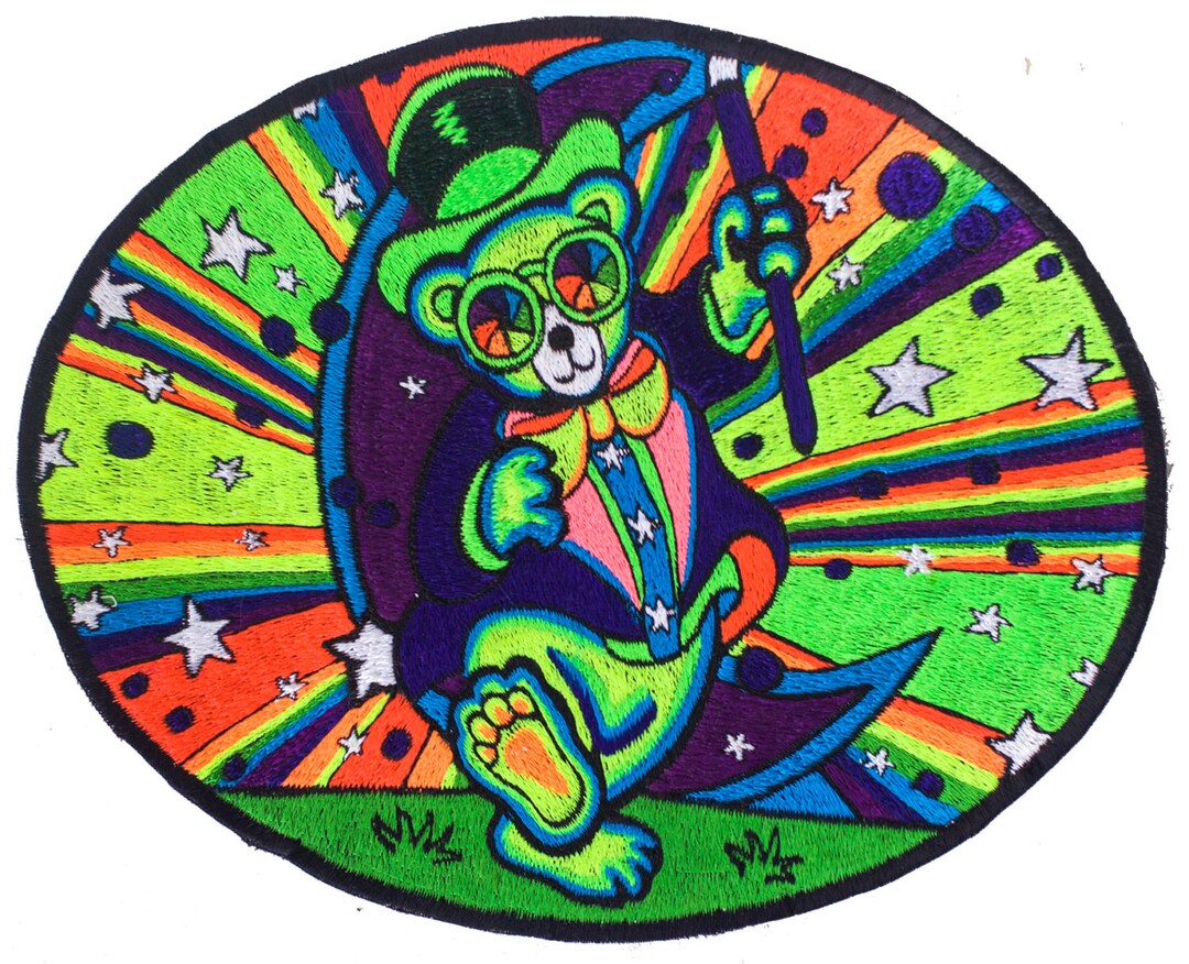 Psychedelic Teddy Patch Blacklight Glowing Handmade Embroidery LSD Artwork Psytrance Goatrance ...