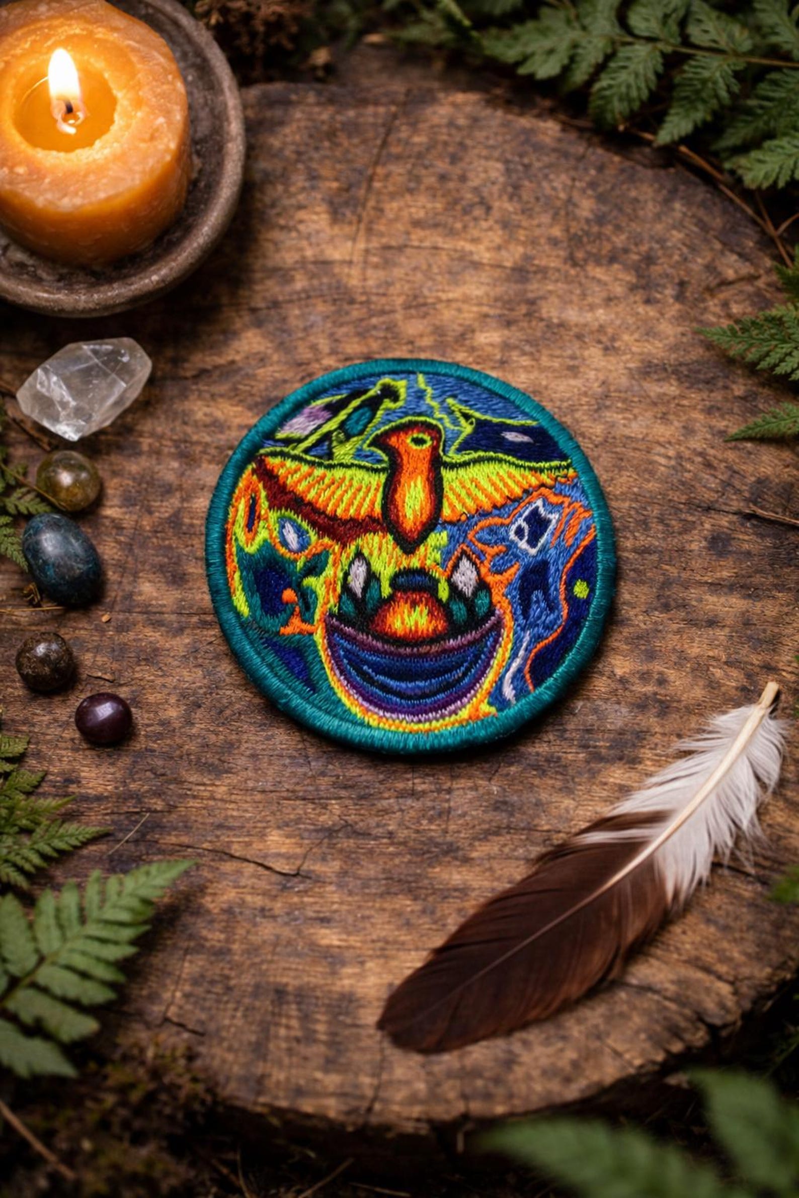 Huichol Inspired Peyote Bird Embroidery Patch – UV Reactive Psychedelic ...