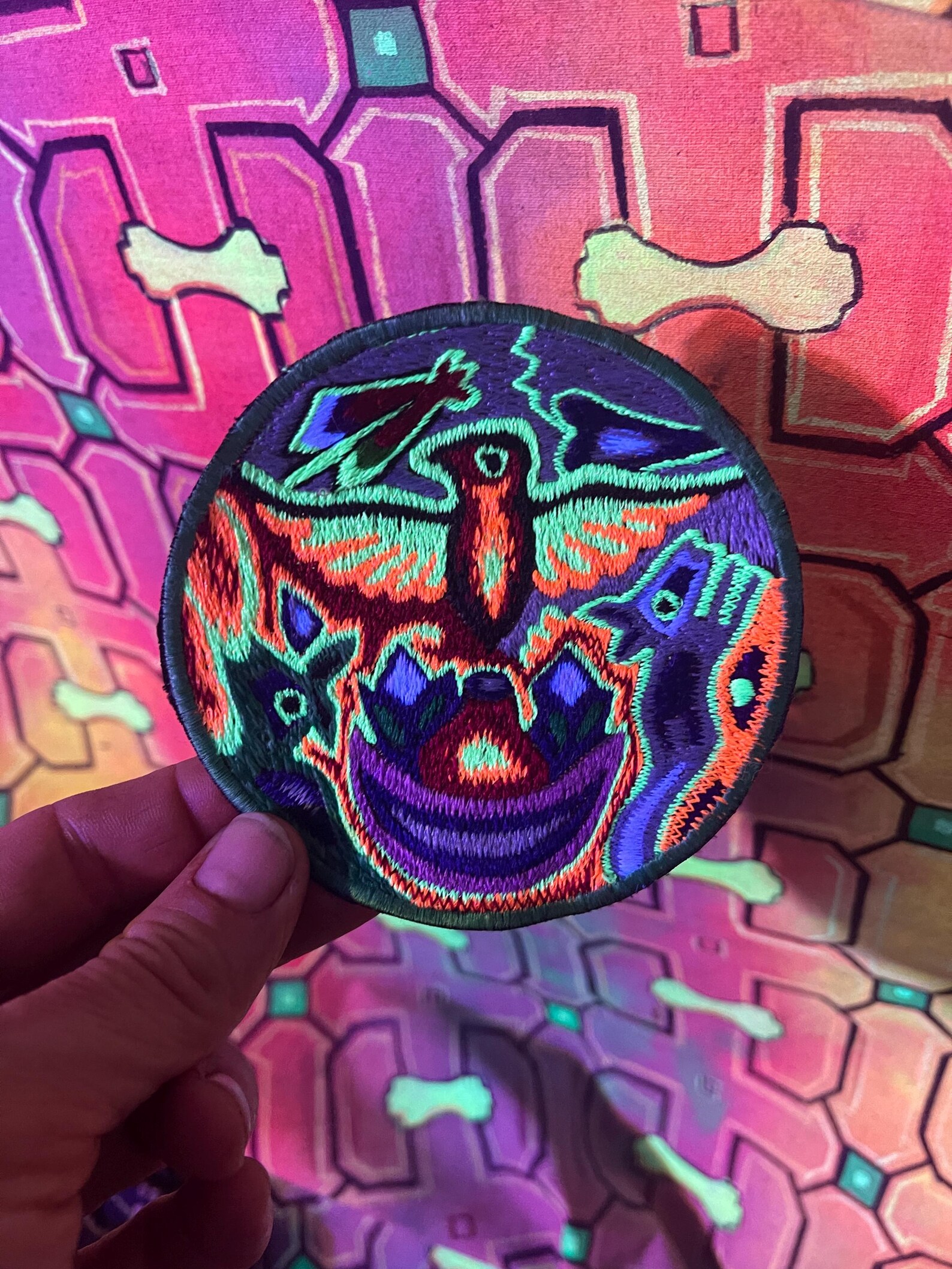 Huichol Inspired Peyote Bird Embroidery Patch – UV Reactive Psychedelic ...