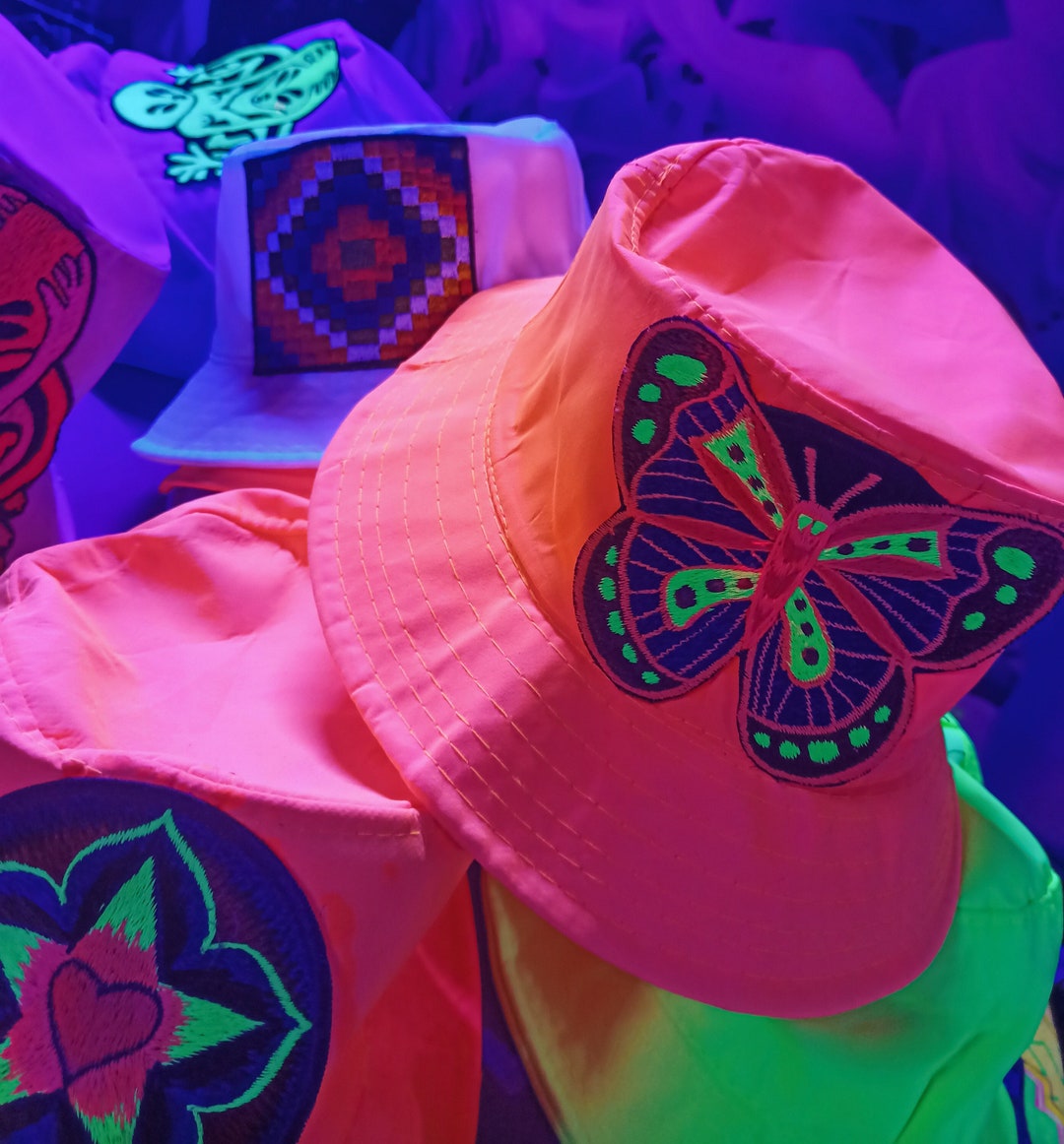Butterfly Fisher Hat UV Orange Blacklight Glowing With Embroidery Patch ...
