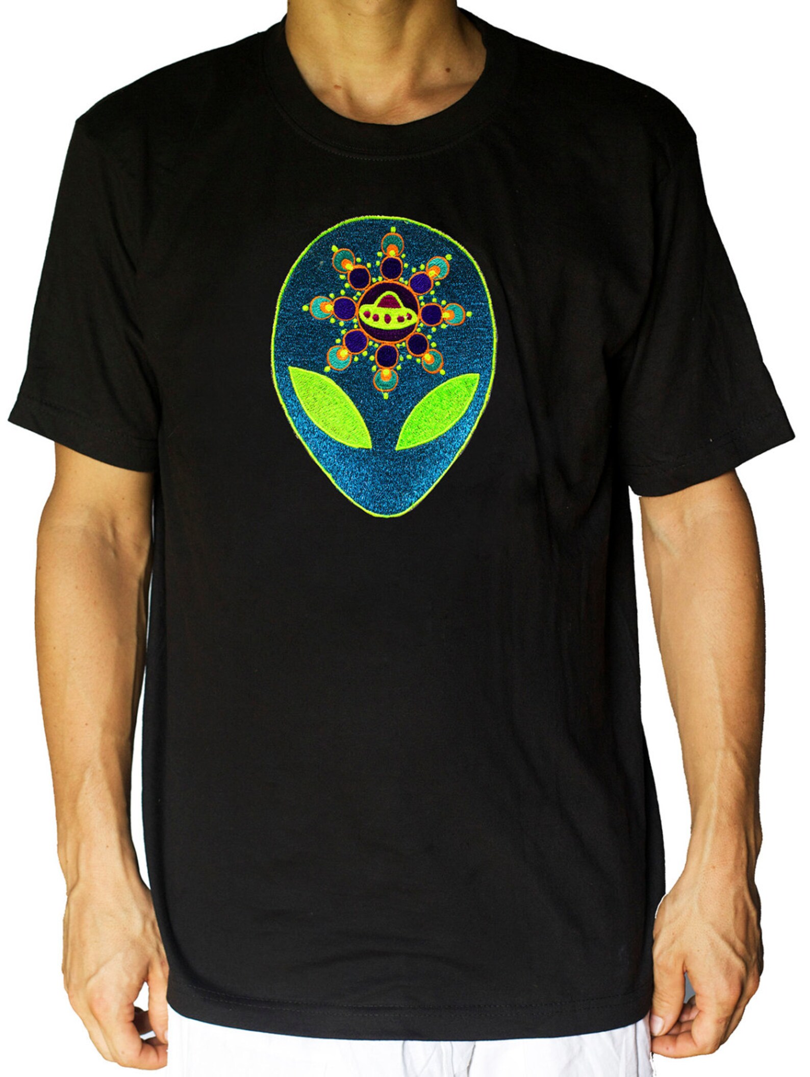 UFO T-shirt Blacklight Handmade Embroidery No Print Goa T-shirt ET ...