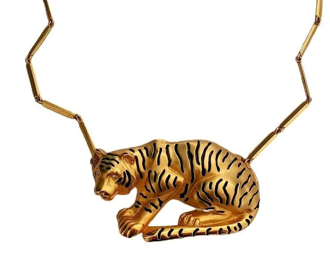 Vintage DOREEN RYAN Crouching TIGER Black Enamel Crystal Eyes Gold Tone ...