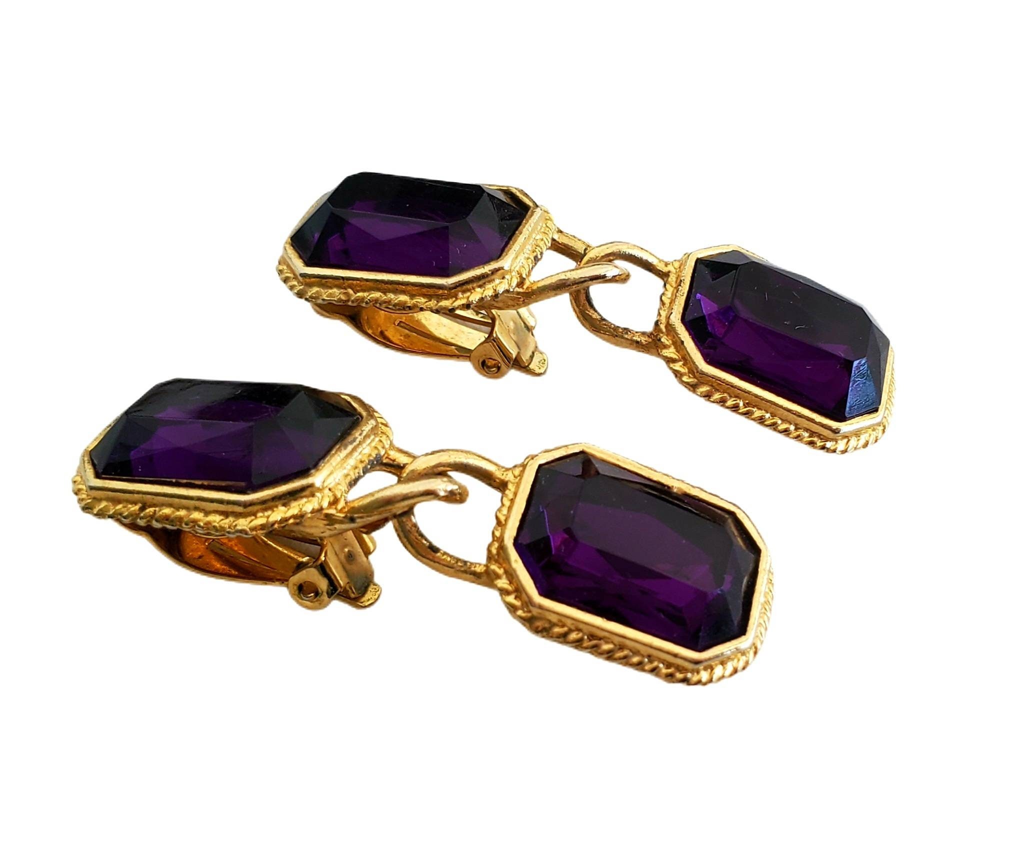 Vintage Big 80's Gold Tone and Faux Faceted Amethyst LARGE Dangle Clip ...