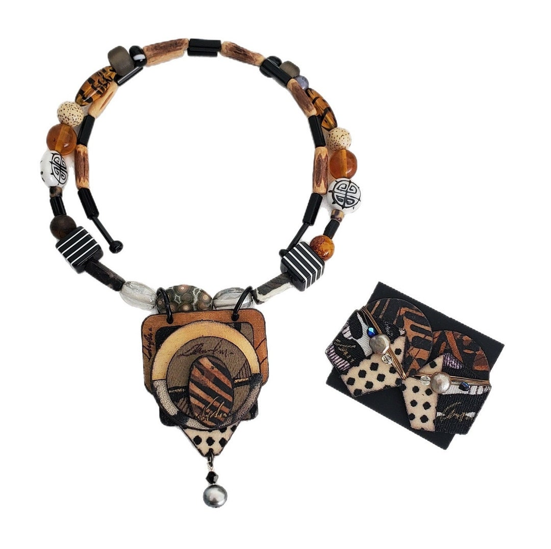 Susan BELLOWS Artist Signed Chunky Brown and Black Beaded Choker Collar ...