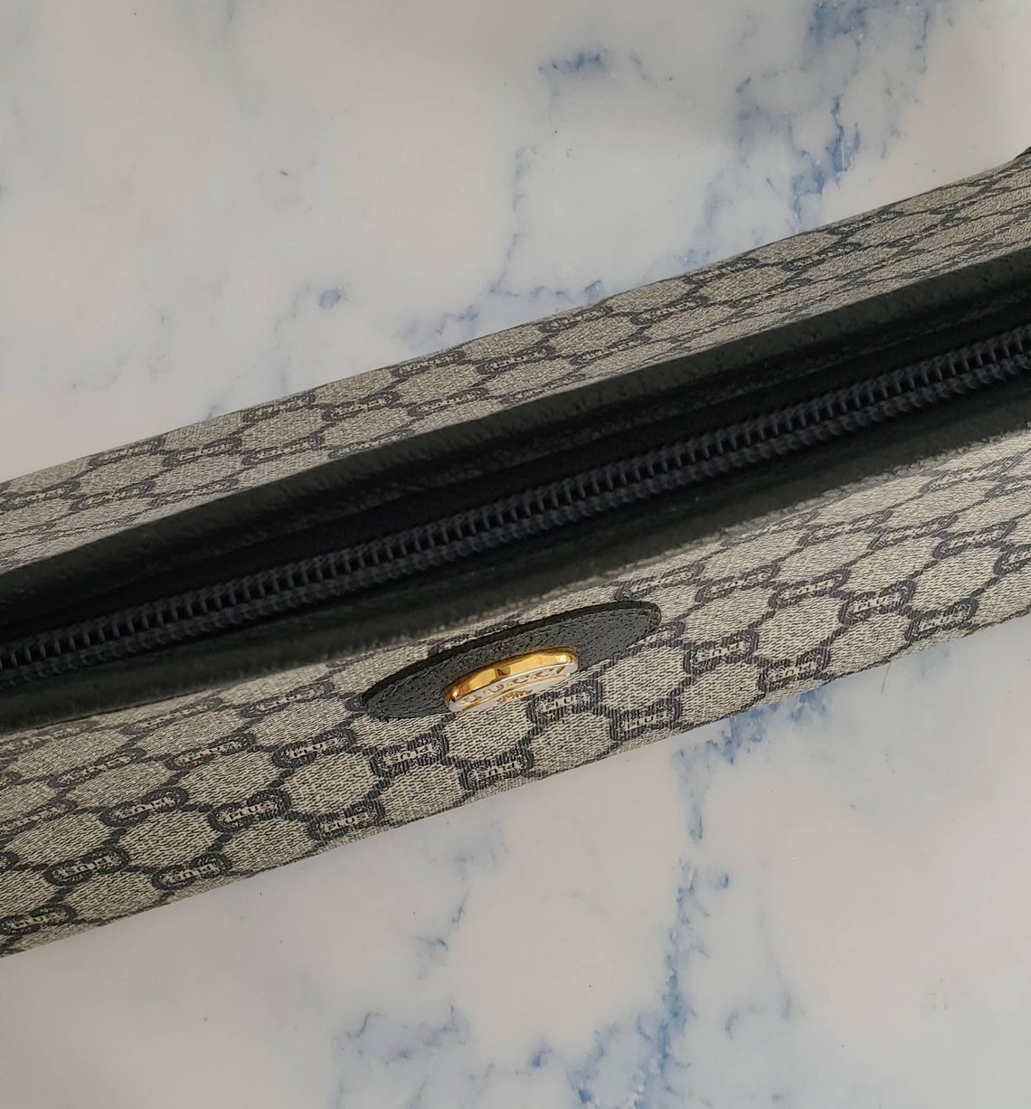 Vintage Authentic GUCCI PLUS GG Monogram Navy Blue Leather | Etsy