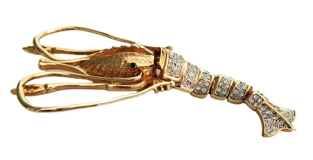 Vintage Large Articulated SHRIMP Prawn Gold Tone and Rhinestone ...