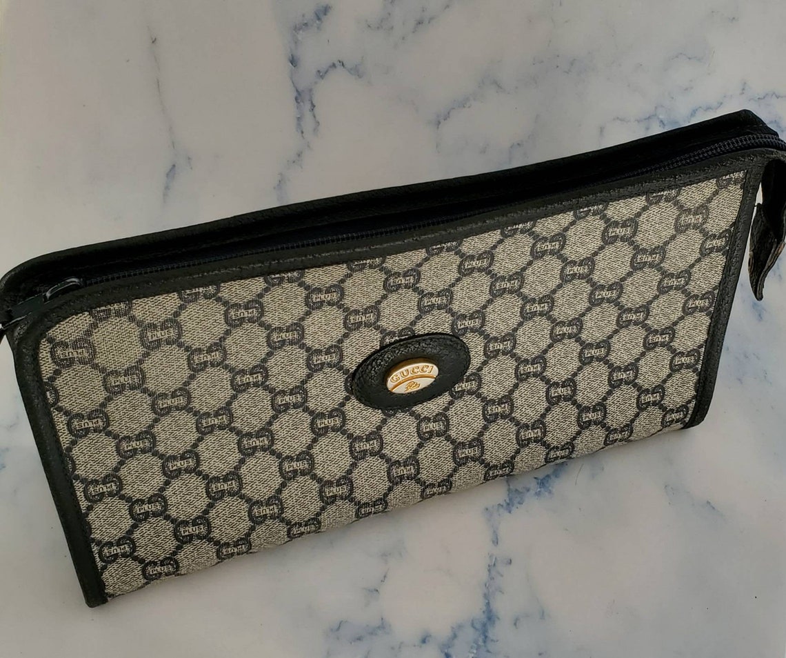 Vintage Authentic GUCCI PLUS GG Monogram Navy Blue Leather - Etsy