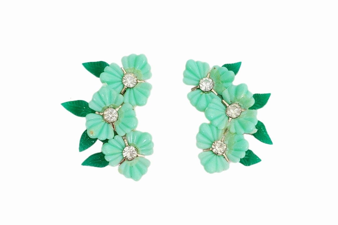Vintage Mint Green Acrylic With Rhinestone FLOWER Ear Climber Screw ...