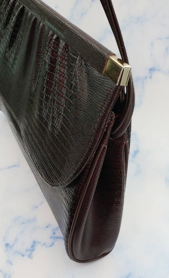 Vintage Dark Brown LIZARD Skin Leather Front Flap Han… - Gem